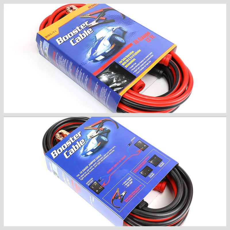 12FT 10 Gauge Copper Wire Battery Jumper Cables Jump Start Booster ...
