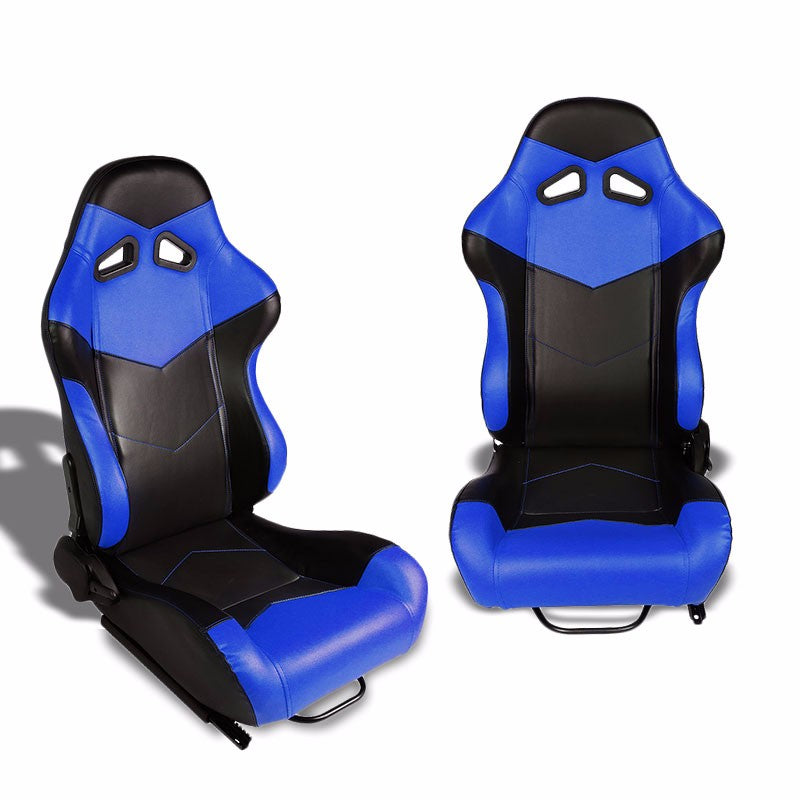 Black/Blue Reclinable PVC Leather Arrow Sport Racing Seats - BuildFastCar